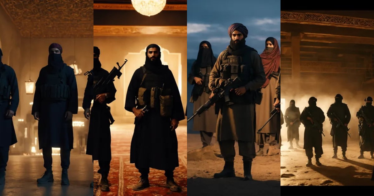 Lexica - 10 Afghani male terrorists standing in front a 10 burkha ...