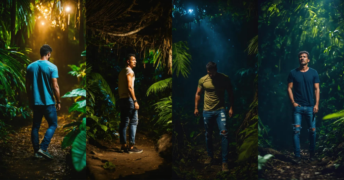 Lexica - Frustrated man wearing torn jeans and t-shirt in the jungle ...