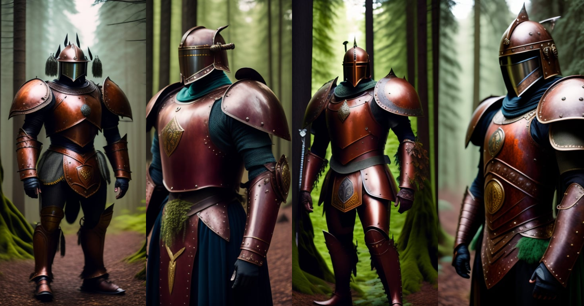 Lexica - A rusty medieval suit of armor in a forest