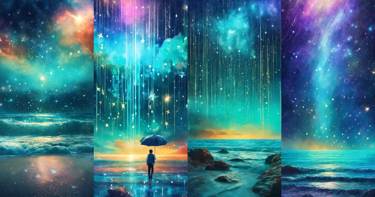 Lexica - Abstract magical rain, universe , stars, turqoise color near ocean