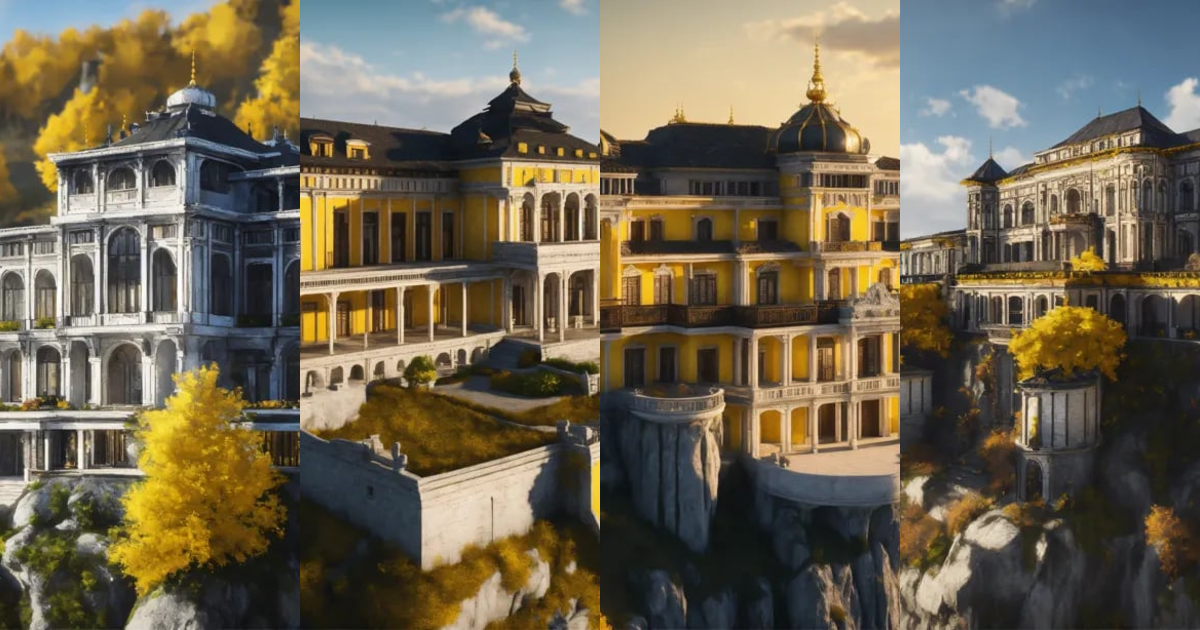 Lexica - Full image of a massive black and white and yellow palace on a ...