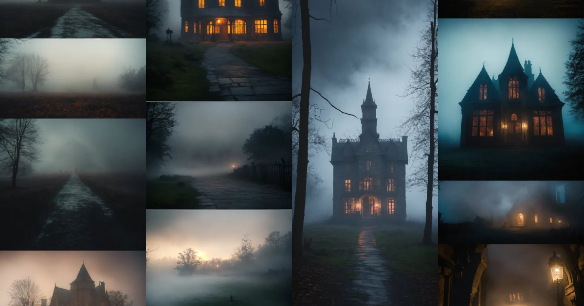 Lexica - An Image of a dark manor set in a setting of fog and evil ...