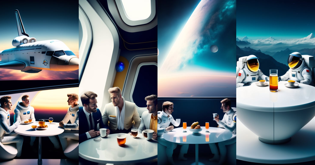 Lexica - Three white men are sitting at the futuristic table inside a ...