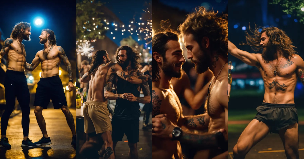 Lexica - Two male long distance runners are dancing and drinking, both ...