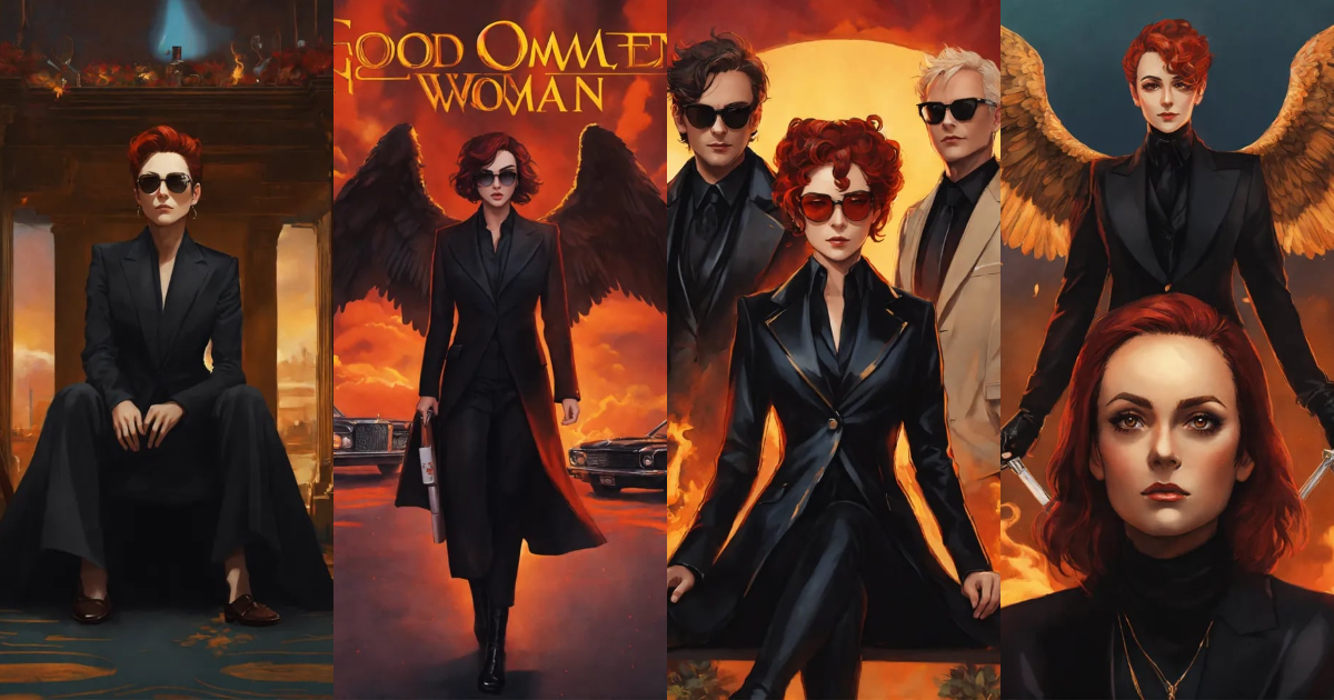 Lexica - Good omens as woman, female Crowley wearing black clothes suit