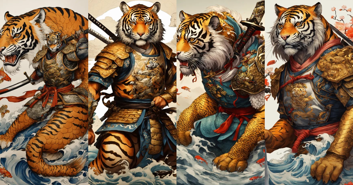 Lexica - There is a tiger with a big carp koi and a sword on a white ...