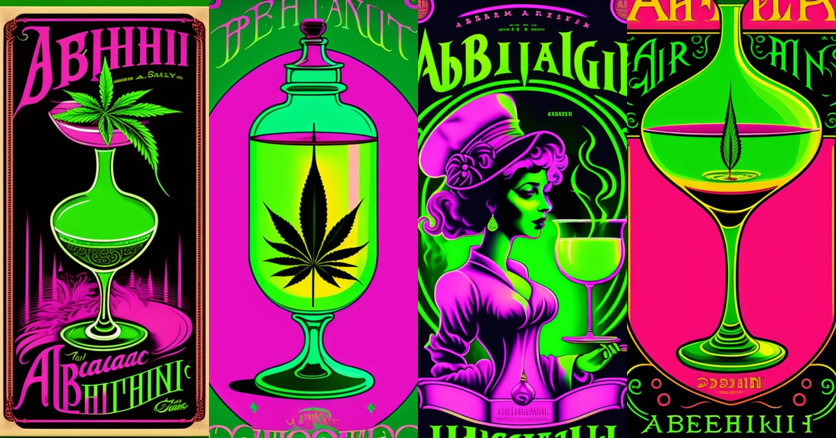 Lexica - Absinthe poster, cannabis, green and pink, cartoon, line art ...