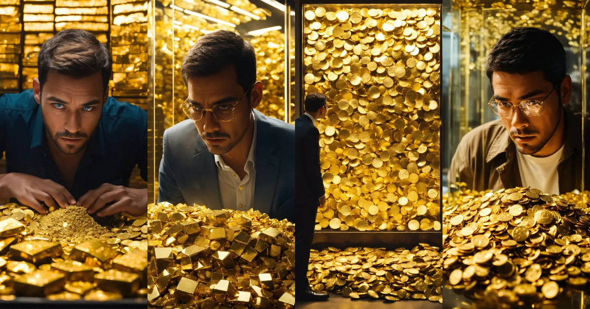 Lexica - A man seeing a pile of gold behind a layer of glass and ...