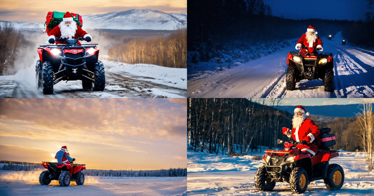 Lexica - Santa Claus with a bag of gifts rides along a snowy road on an ...