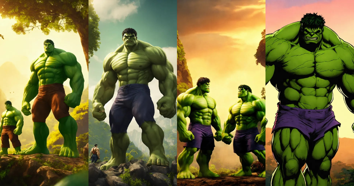 Lexica - 3 Hulk standing together, nature background, 2D render