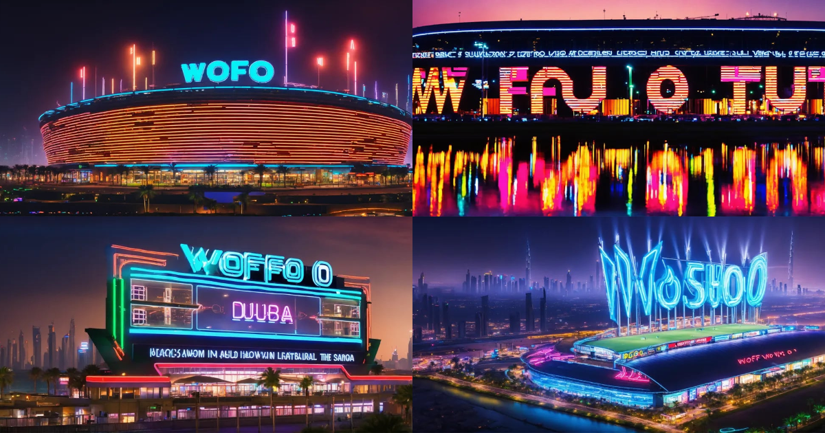 Lexica - Stadium name WOFO neon lights dubai city view big sign with ...