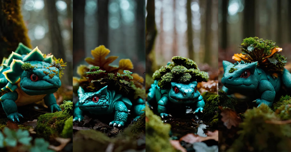 Lexica - A realistic venusaur animal among the trees, forest lake, moss ...