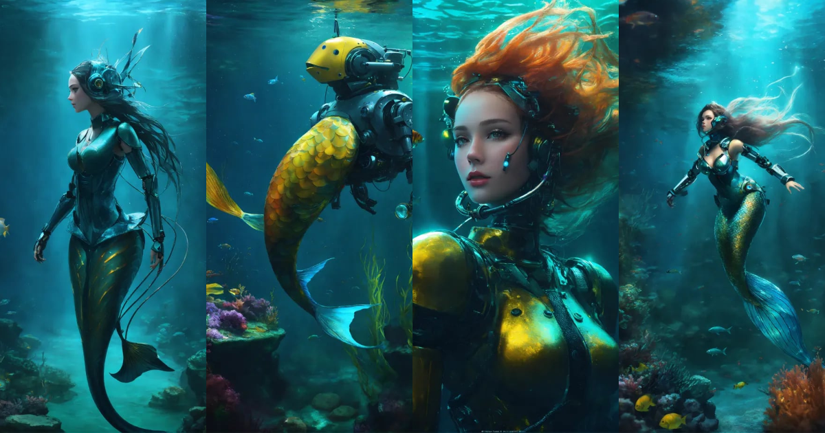 Lexica - A robot mermaid, in the bottom of the sea, dark light , whit a ...