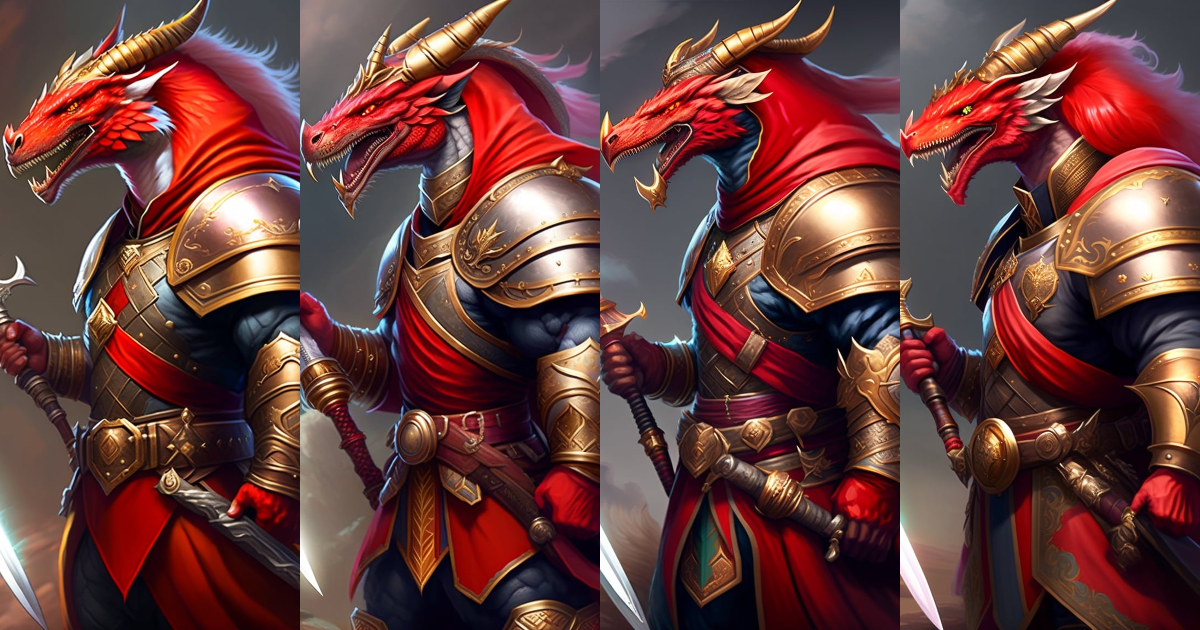 Lexica - D&D champ. dragonborn red dragon, paladin with a sword