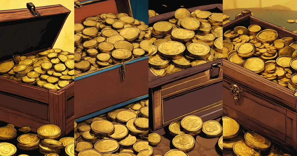 Lexica - A coffer of gold coins, in graphic novel art form