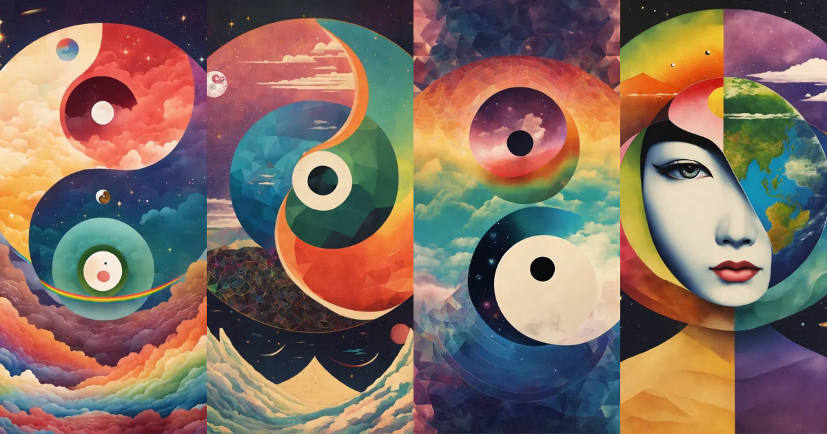 Lexica - Japanese vintage poster, ying yang head merging into another ...