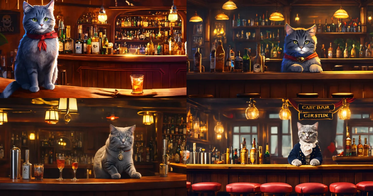 Lexica - A stripted gray cat bartender in a pirate bar, 8k