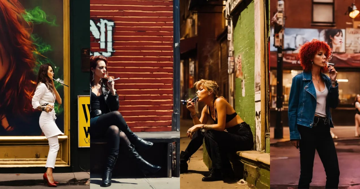 Lexica - A rocker woman smoking in hells kitchen with a billboard ...