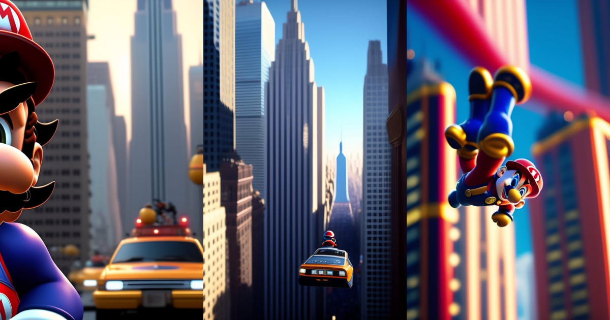 Lexica - A cinematic scene of mario falling off a skyscraper in new york