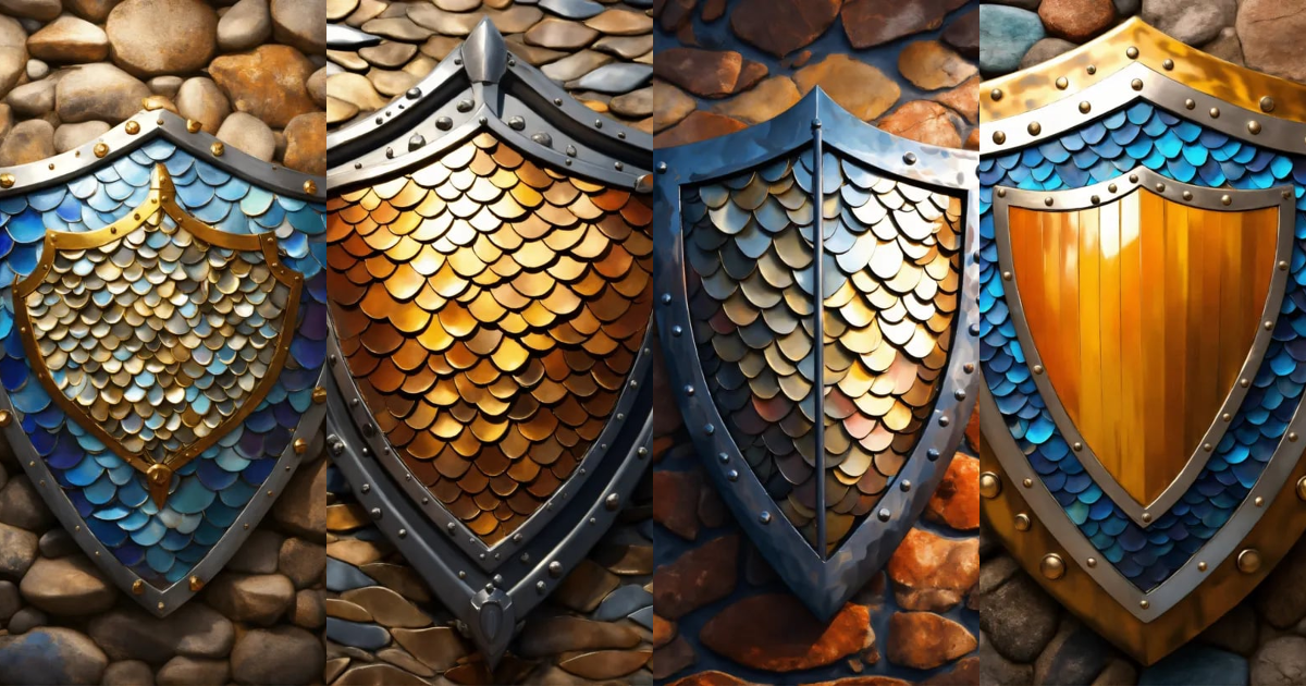 Lexica - Concept art of a shield made out of irregular metal fish ...