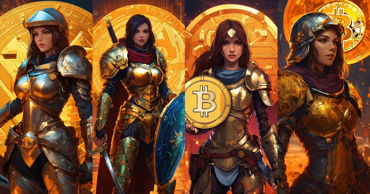 Lexica - A woman in armor holding a bitcoin, crypto valut, satoshi, cryptoblades, cypherpunk ...