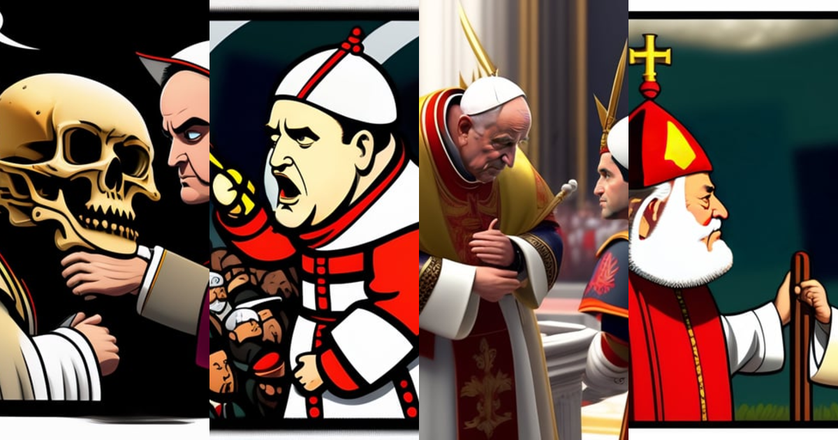 Lexica - Pope Benoit XVI fighting skulls in cartoon style
