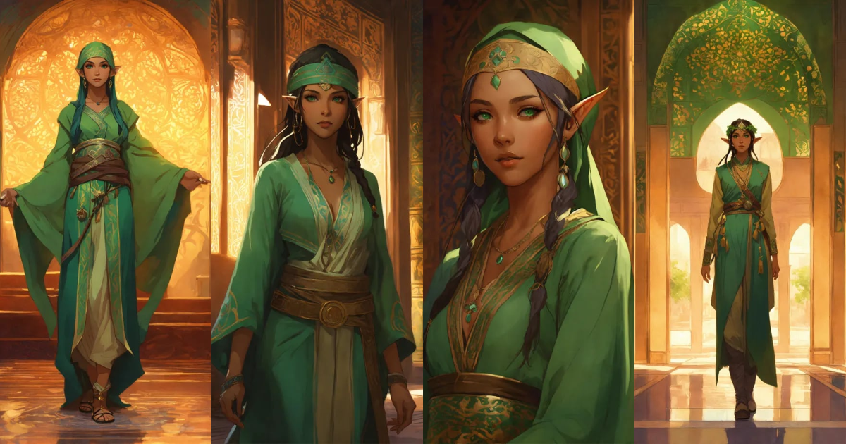 Lexica - Female elf timurid sorcerer, Turkish, green eyes, tan skin ...