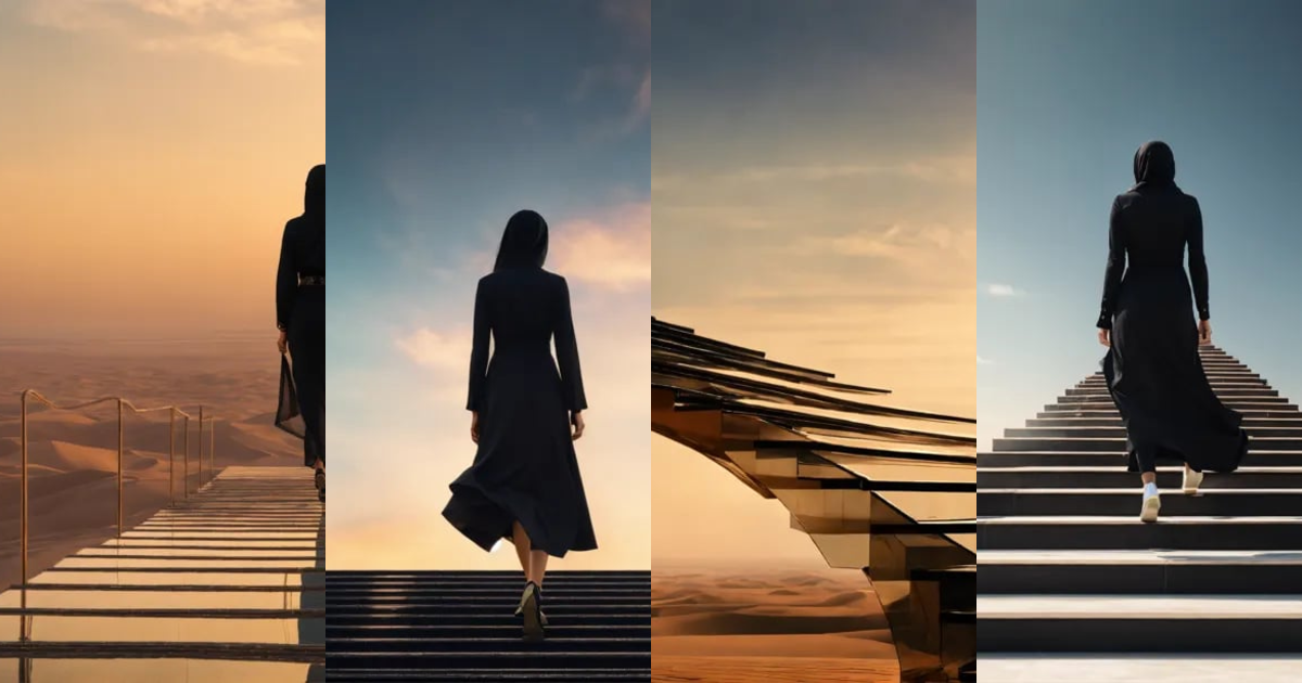 Lexica - Saudi woman climbing up six steps only, walking upward, right ...