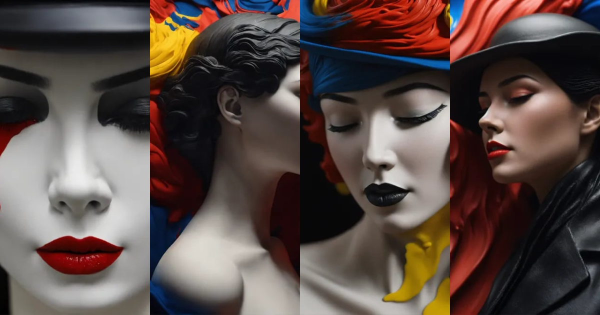 Lexica - Black and white and primary colors, 3d modeling clay fluid motion, realistic ladies ...