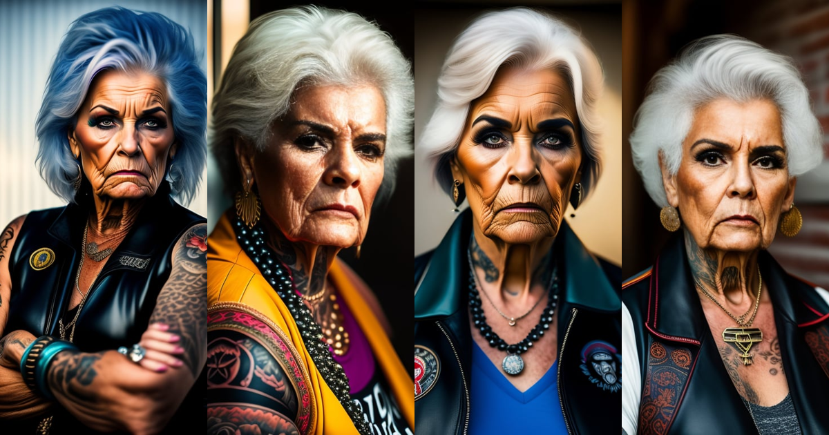 Lexica - Portrait of a grumpy mean scowl old woman biker tattoos