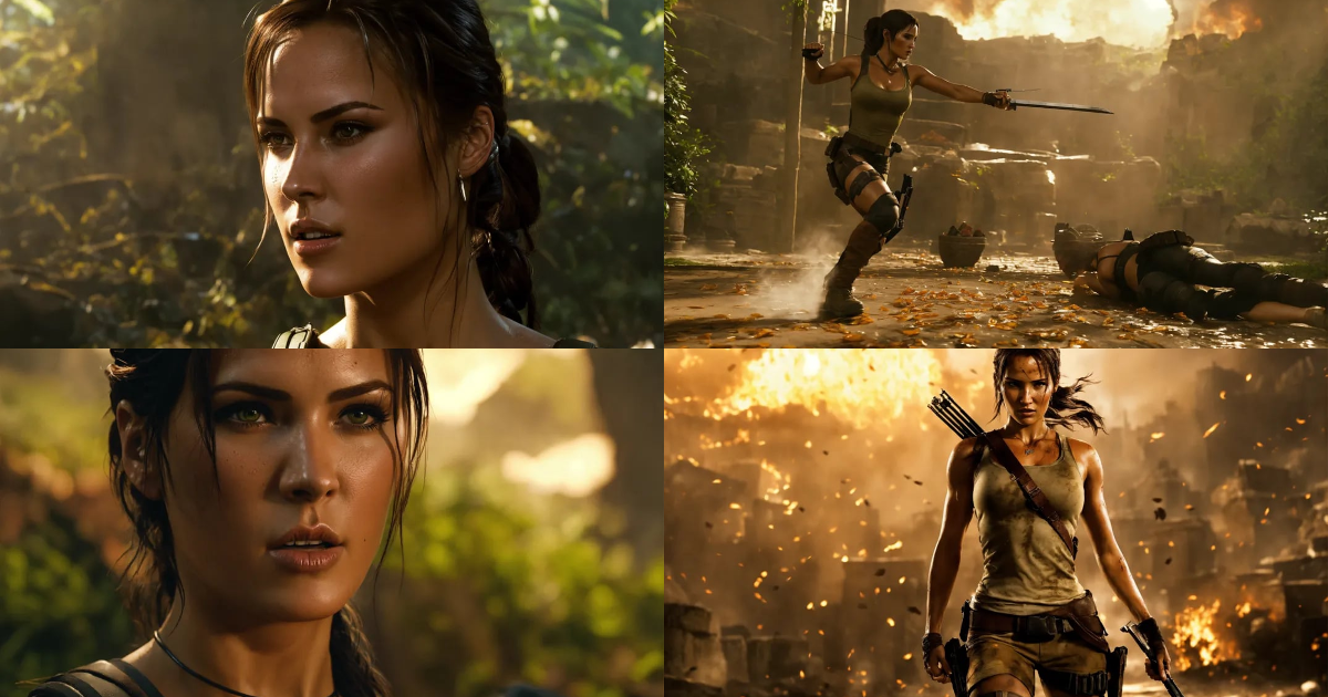 Lexica - Produce me an image of Lara Croft in fighting action, movie ...