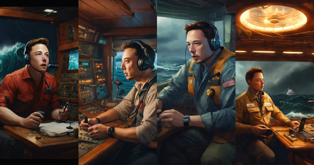 Lexica - Radio room of a ship caught in a storm big wave Elon musk ...