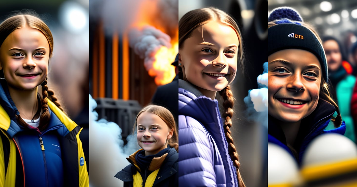 Lexica - Smiling greta thunberg with a factory with smoke