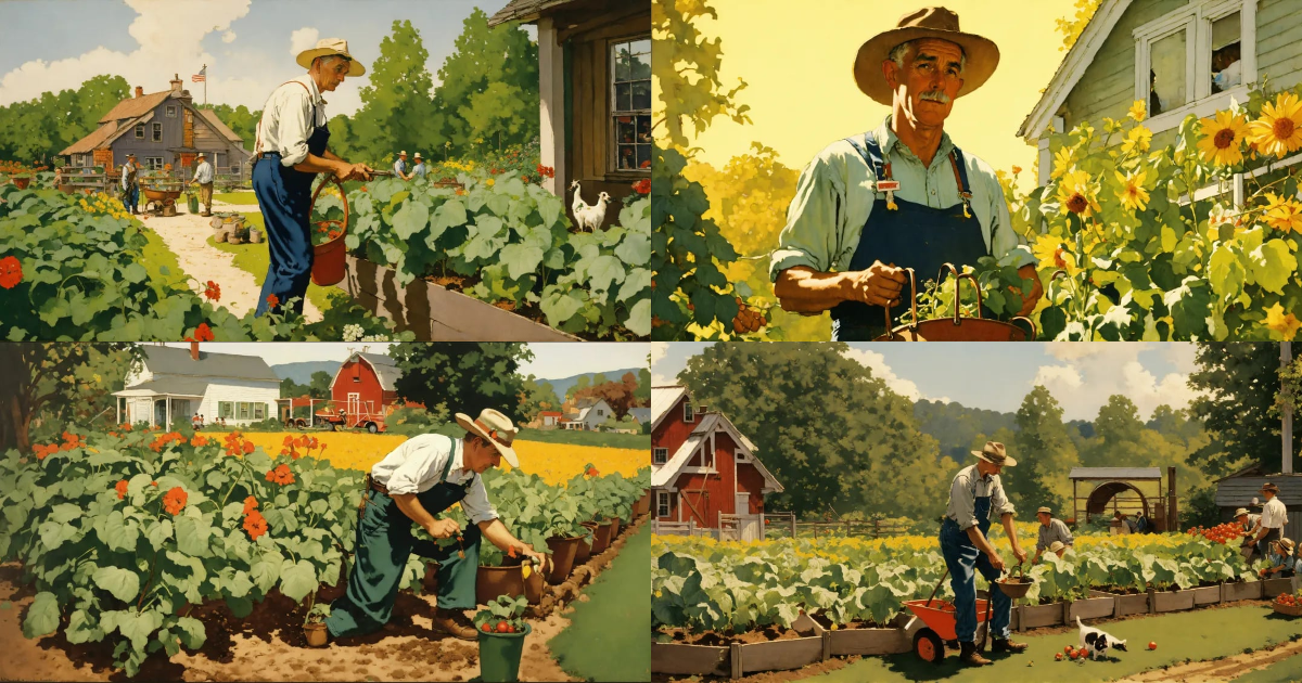 Lexica - Farmer in the garden growing people, Norman Rockwell painting ...