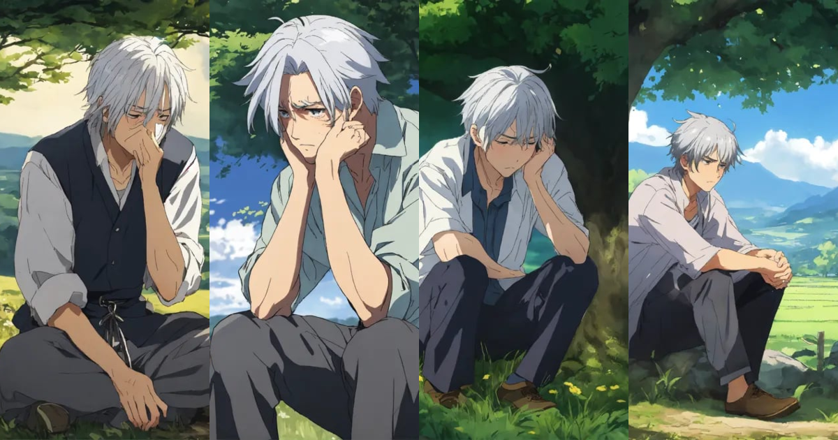 Lexica - Sad man with face hidden in his hands, silver hair, under a ...