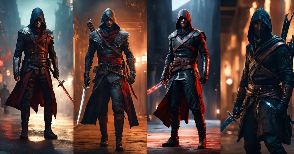 Lexica - A realistic full body portrait of a male assasin, daggers ...