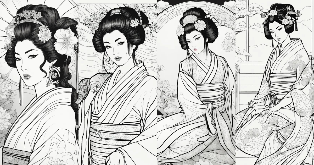 Lexica - Adult Coloring Book Page of a Geisha pin-up, Line Art, Black ...