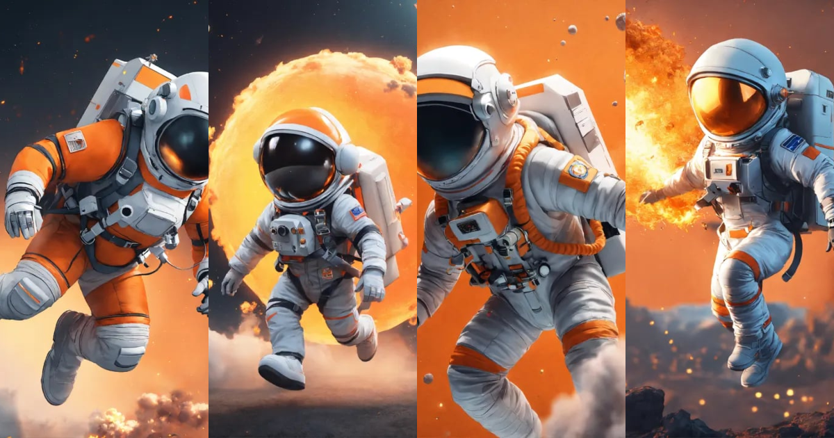Lexica - Cute Astronaut Flying with jetpack with explosion orange and ...