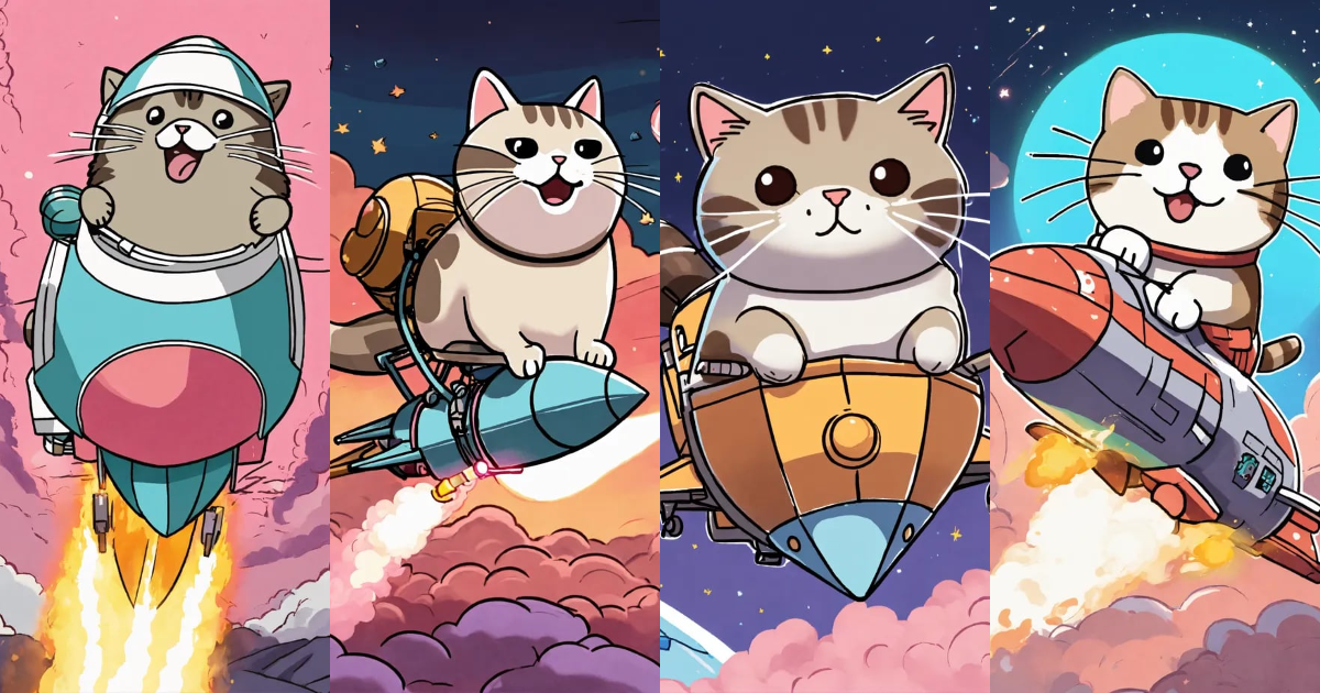 Lexica - A meme-like image of Excited Cat riding a powered rocket, art ...