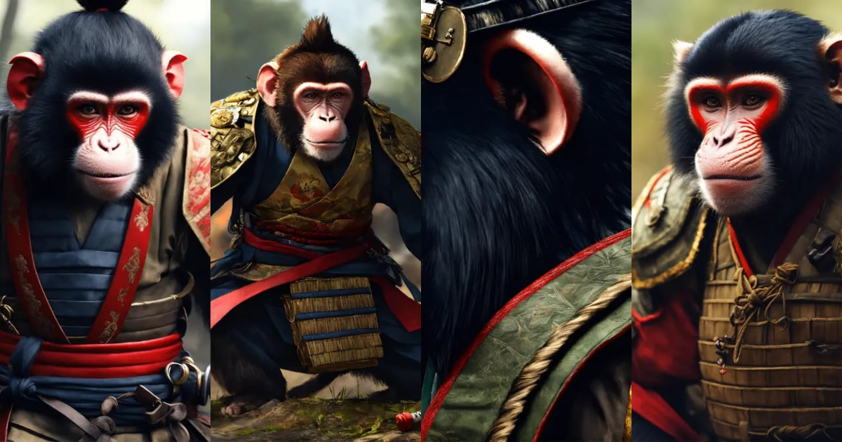 Lexica - Monkey Samurai. Battlefield. Hyper realistic.