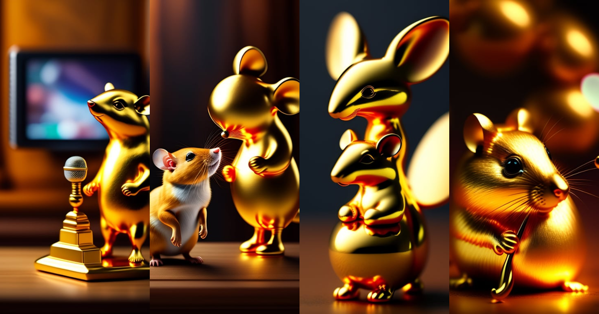 Lexica - A golden mouse sings karaoke with a wooden eagle
