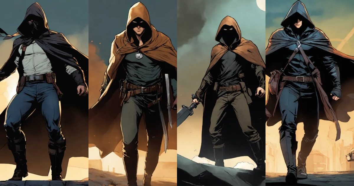 Lexica - Full body image, Thief with cloak and dagger, carrying a ...