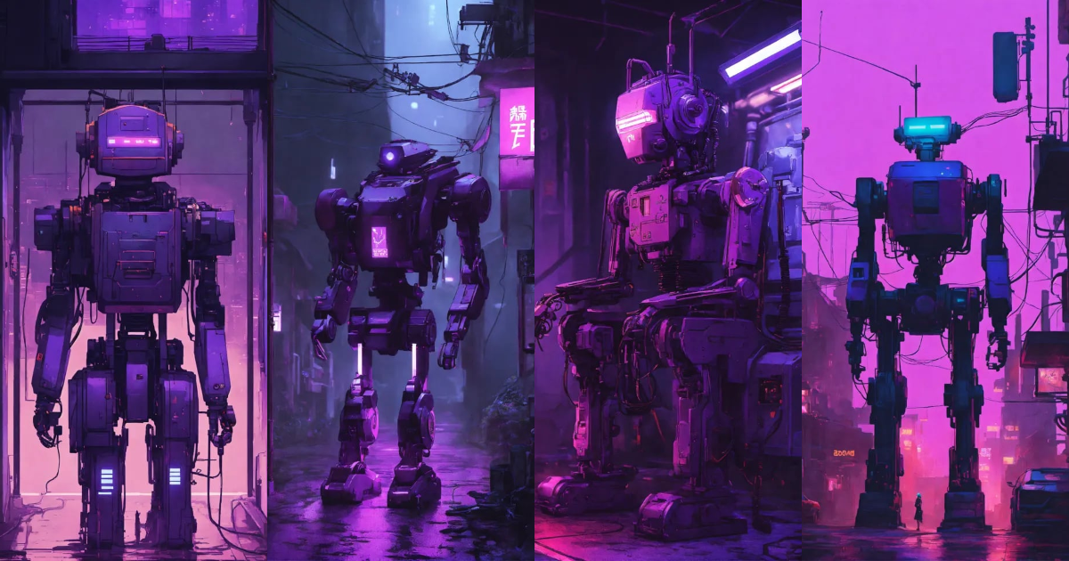 Lexica - Old stile, aesthetic, violet robot, cyberpunk, dark anime ...