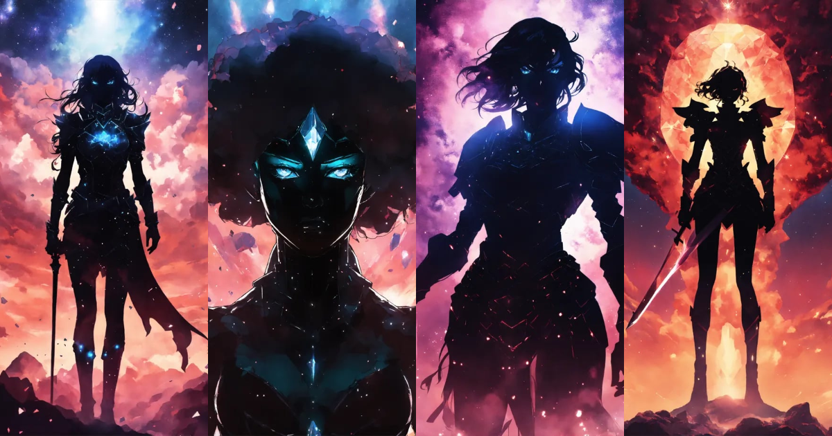 Lexica - Silhouette angry giant face woman, crystal armor, suspended in ...