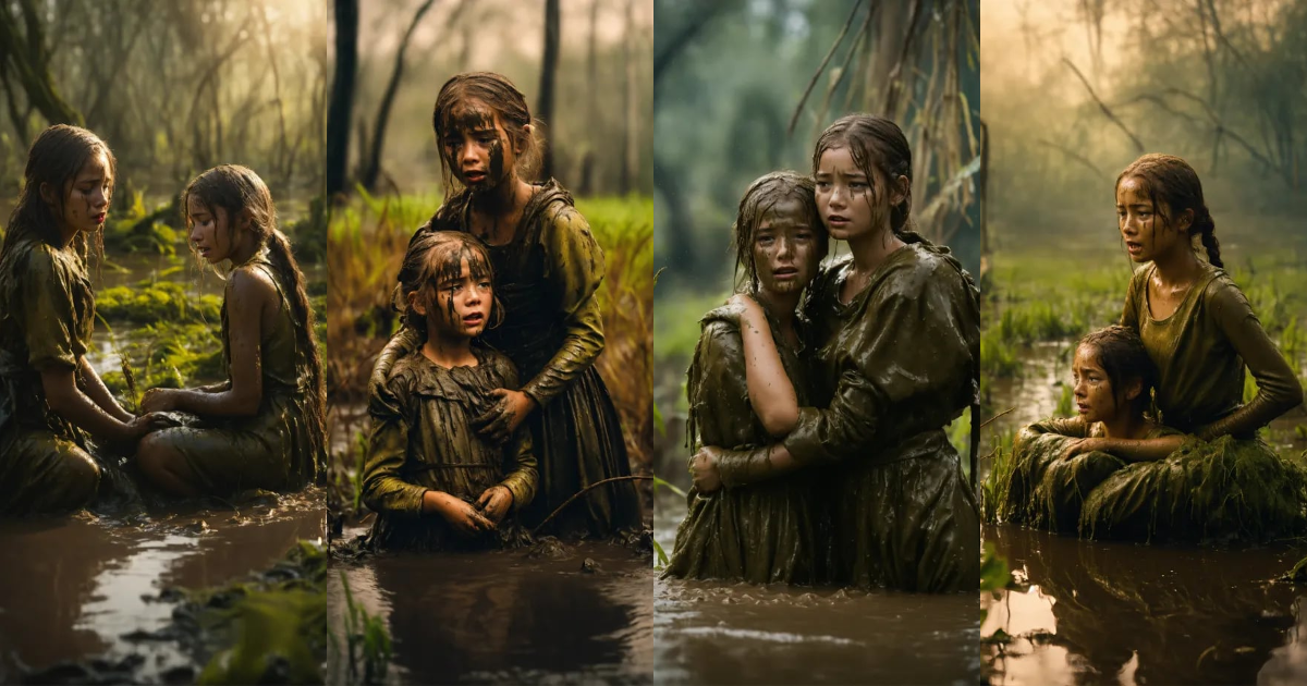 Lexica - 2girls, princess ,girl covered in mud, in a swamp, struggling ...