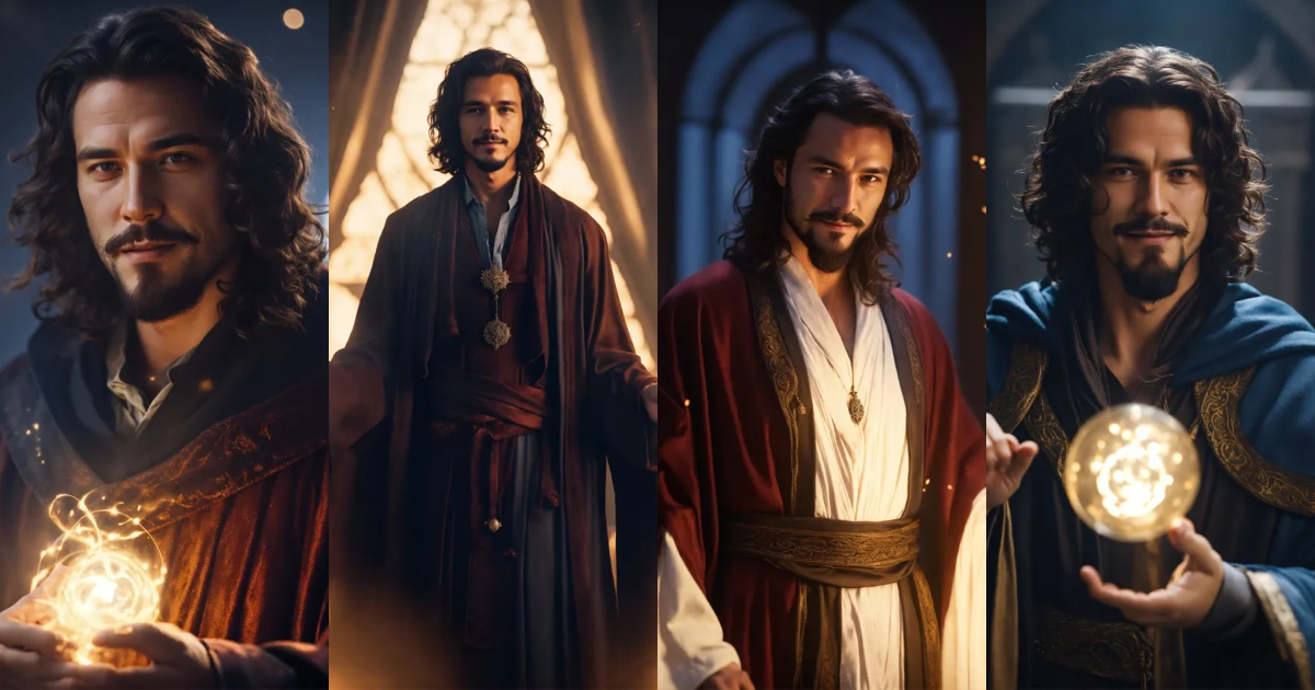 Lexica - Dark medium hair, french goatee, smirk, wizard robes, creating ...