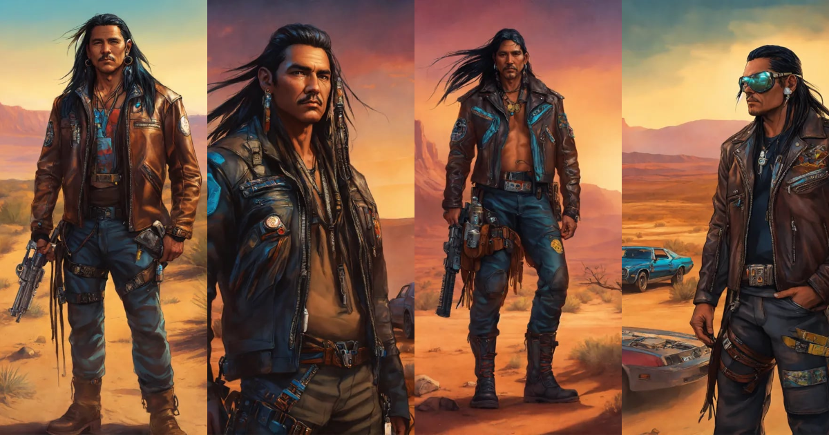 Lexica - Cyberpunk native American, mechanic 50 years old in leather ...