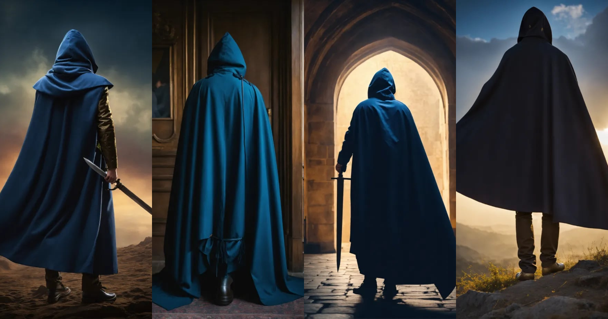 Lexica - Un personnel de dos avec une grande cape à capuche avec une ...