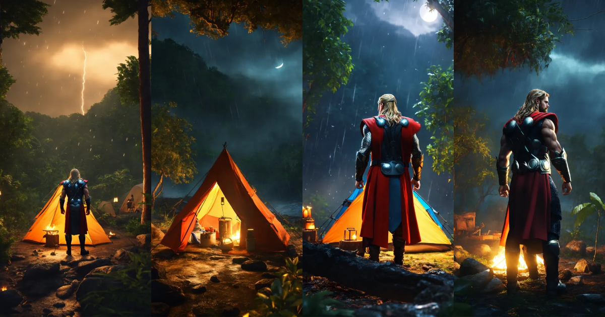 Lexica - Thor camping on a rainy day in the jungle at night, nature background, 3D render ...