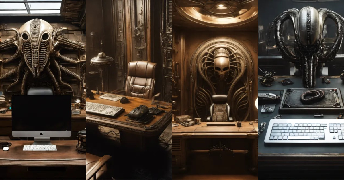 Lexica - H.R Giger style, TOP-VIEW, office desk, 8k